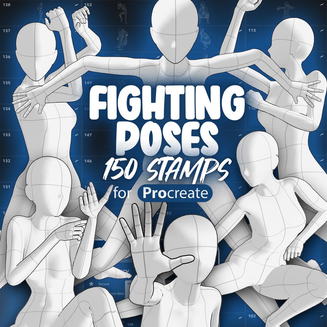 150 Manga Procreate Fighting Poses Stamp Brushes | Anime Fight Poses ...