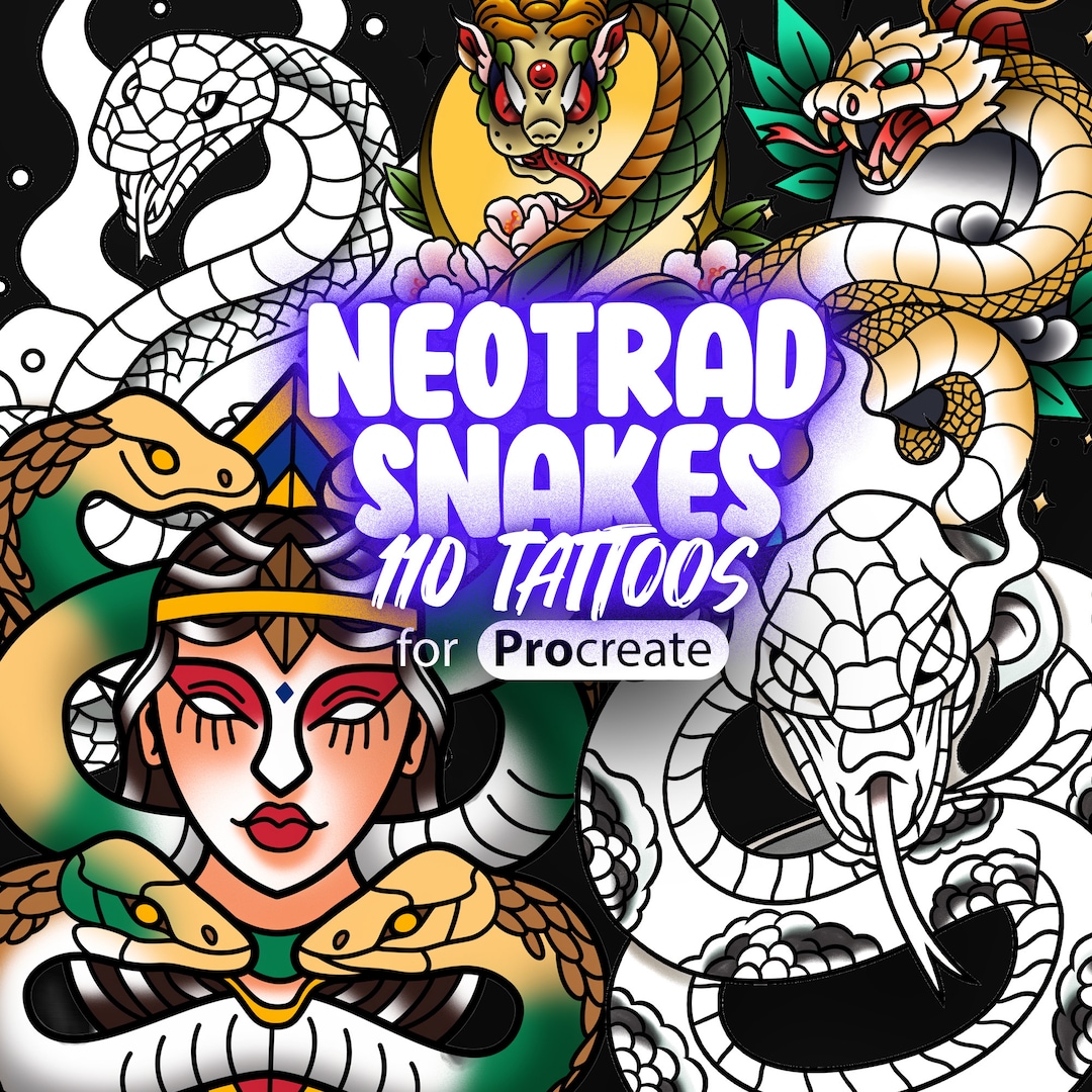 110 Procreate Neo-traditional Snakes Tattoo Stamps | Procreate Neo ...