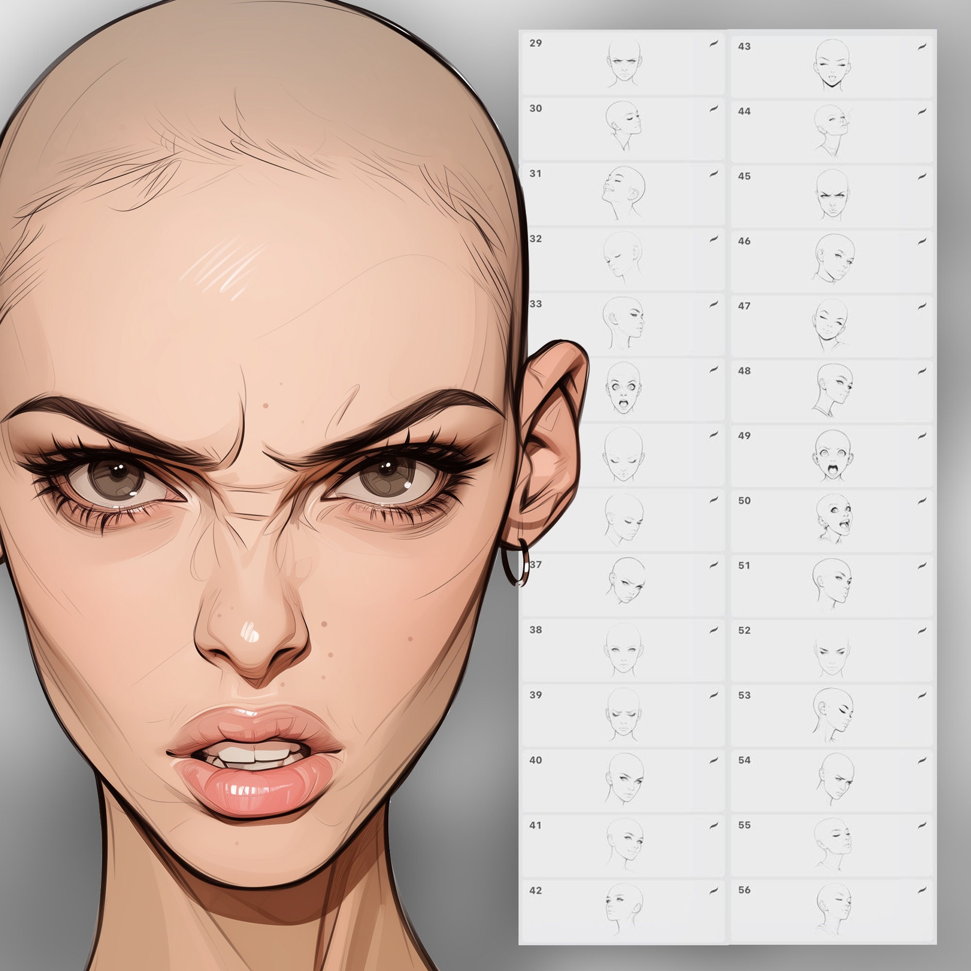 150 Procreate Girls Head Base Stamps | Photoshop Female Head Guide ...