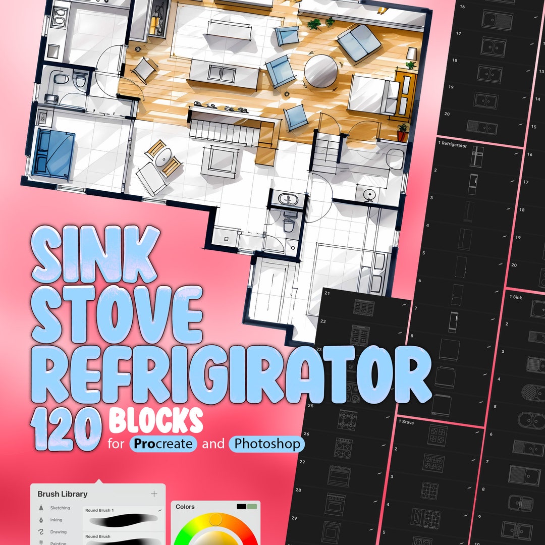 100 Sink, Refrigirator, Stove Blocks Procreate Stamp Brushes, Furniture ...