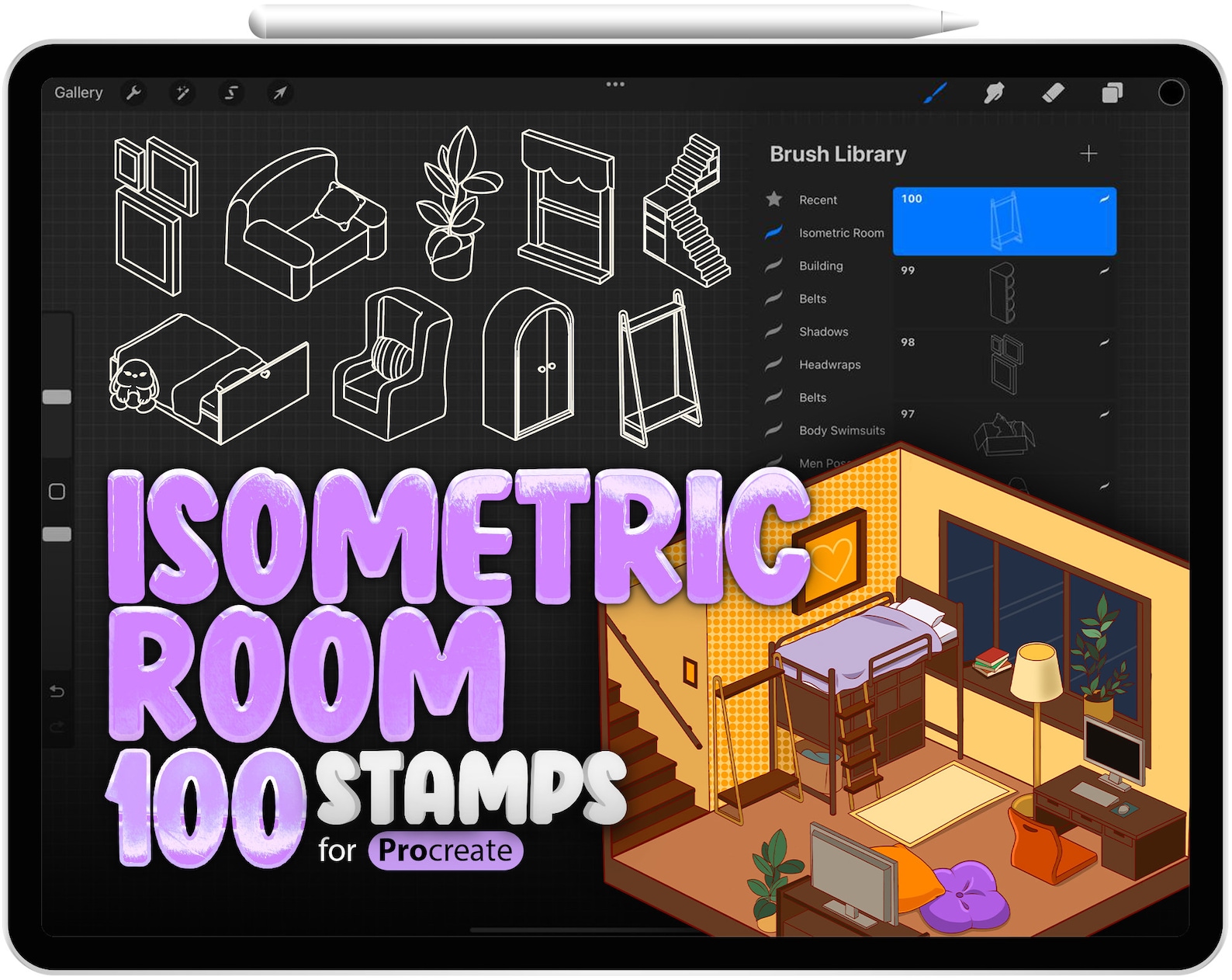 100 Isometric Room Brush for Procreate, Isometric 3D Boy Room Procreate ...