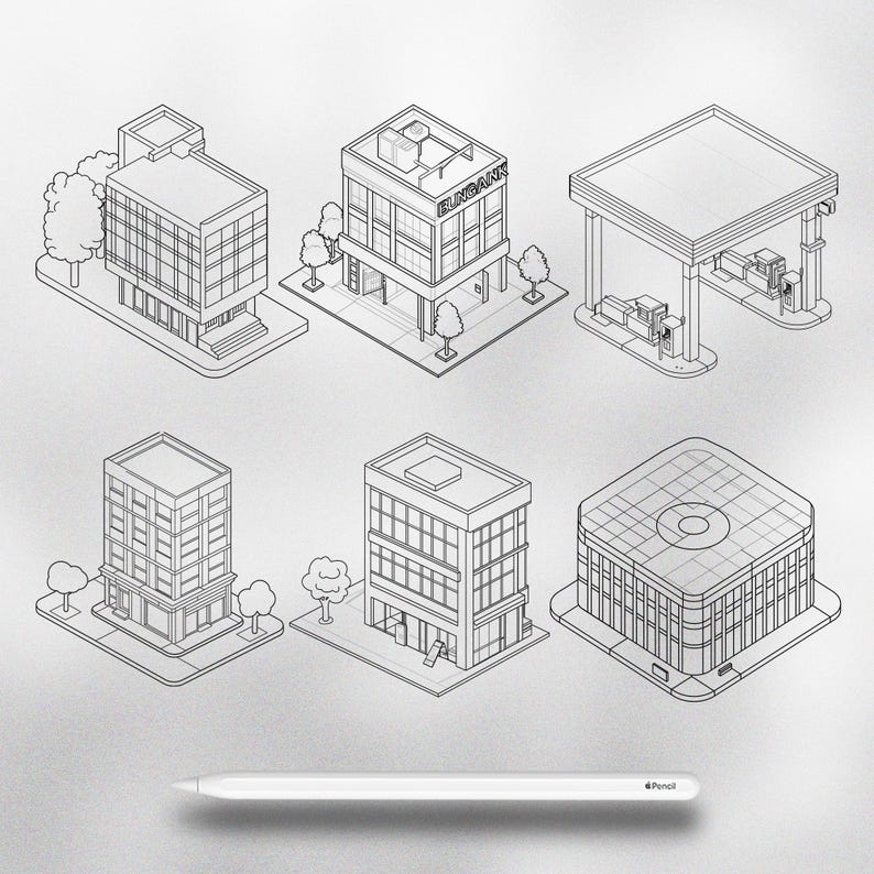 100 Procreate Isometric Buildings Stamps | Procreate Isometric House ...
