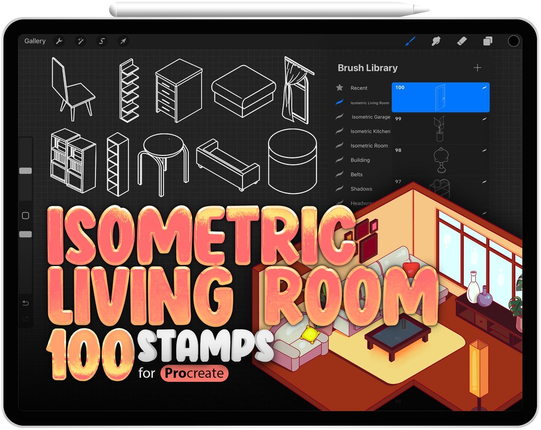 100 Living Room Isometric Brush for Procreate, Isometric 3D Room ...