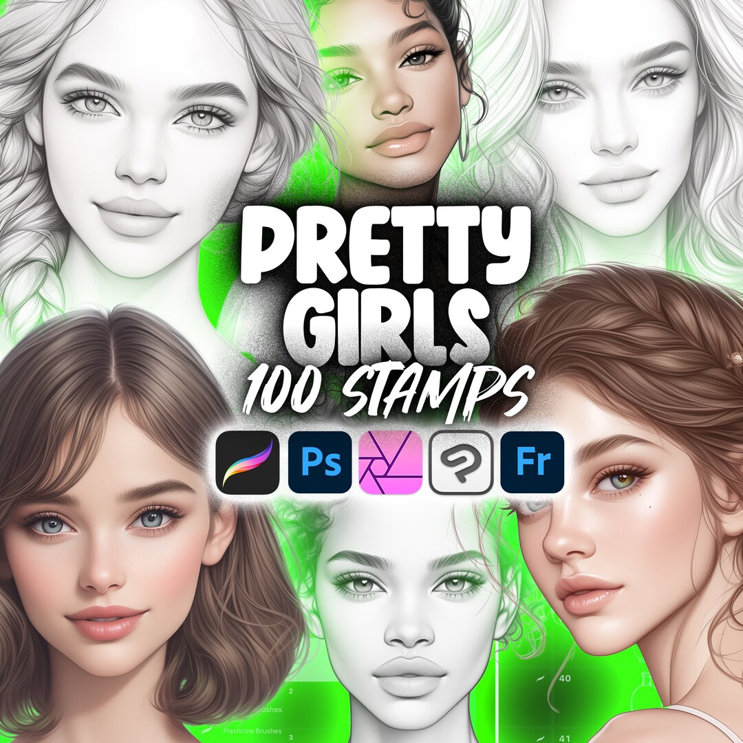 100 Procreate Pretty Girls Stamp Brushes | Photoshop Beauties | Clip ...