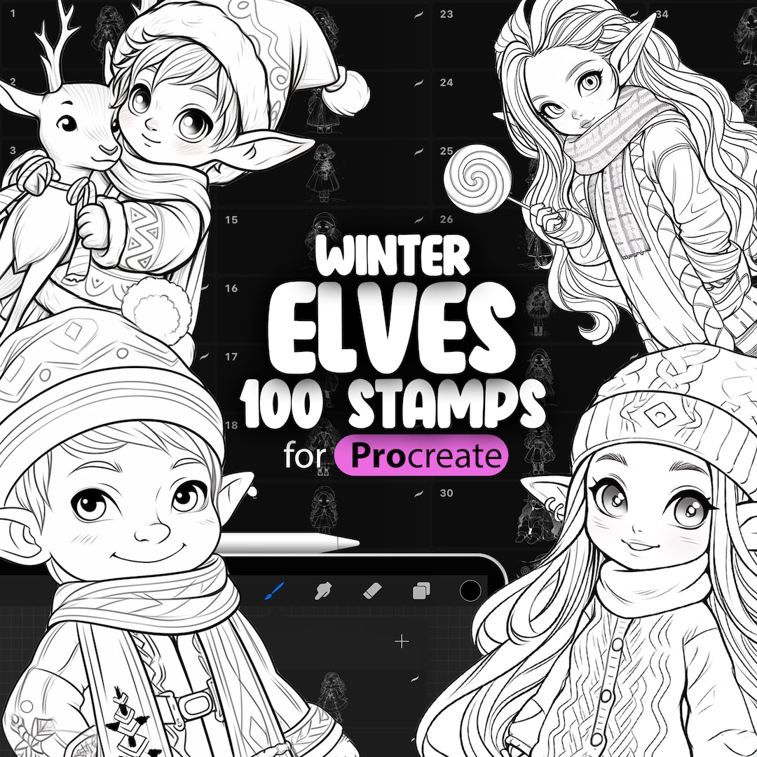 100 Procreate Winter Elves Stamps Procreate Christmas Illustration ...