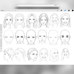 110 Procreate Female Head Stamps Part -1 | Procreate Woman Head Stamp ...