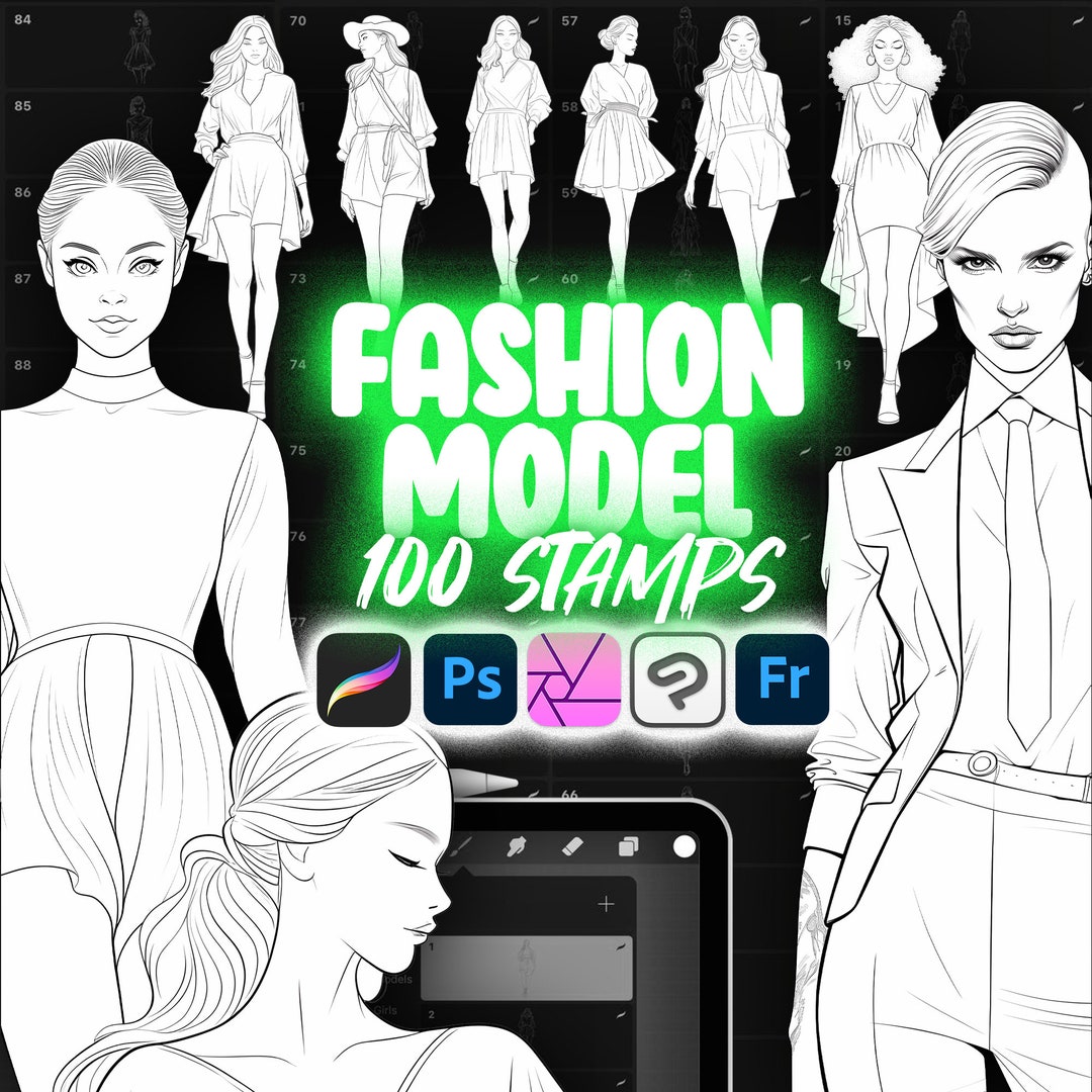 100 Procreate Top Fashion Models Stamp Brushes | Procreate Full Height ...