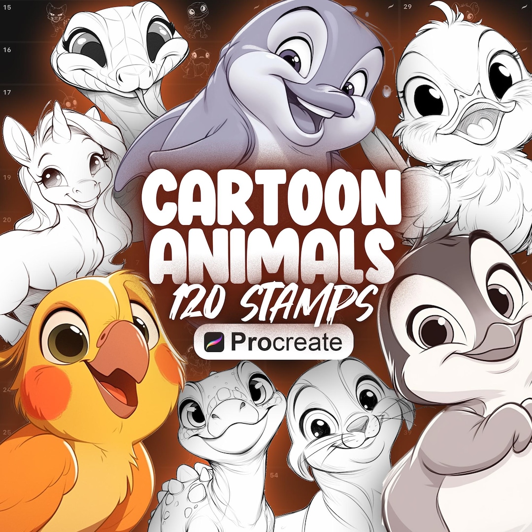 120 Procreate Cartoon Animals Stamps | Procreate Cartoon Characters ...