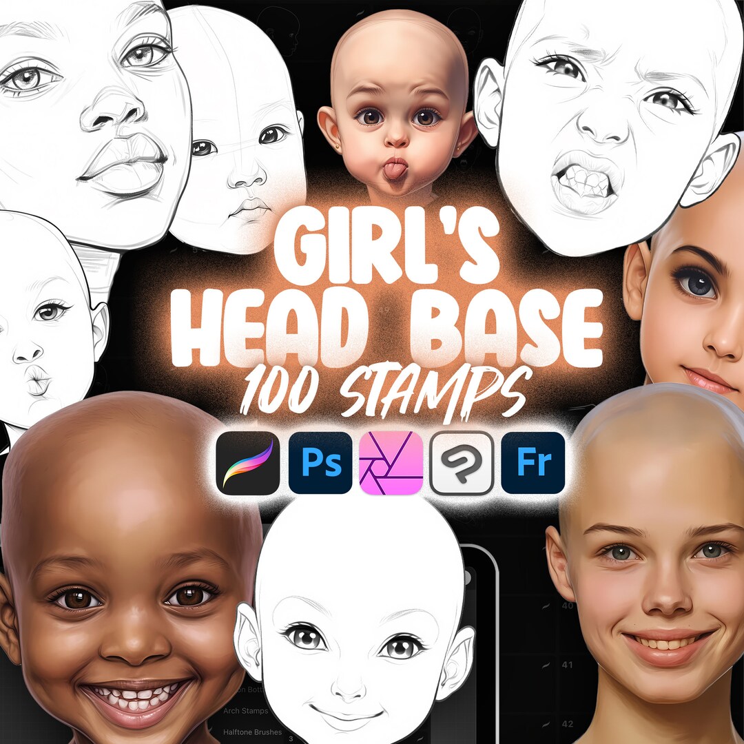 100 Procreate Girl's Heads Base Stamps | Photoshop Female Head Guide ...