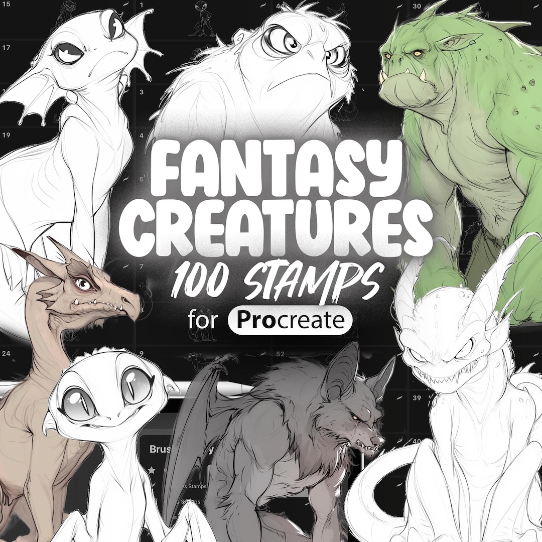100 Procreate Fantasy Creatures Stamps | Procreate Monsters Stamps | Procreate Sketches Stamps ...