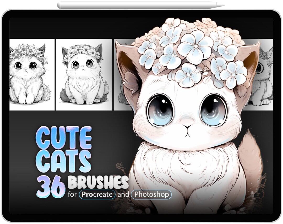 36 Cute Cats Procreate Brushes, 36 Cute Cats Photoshop Brushes, Kawaii ...