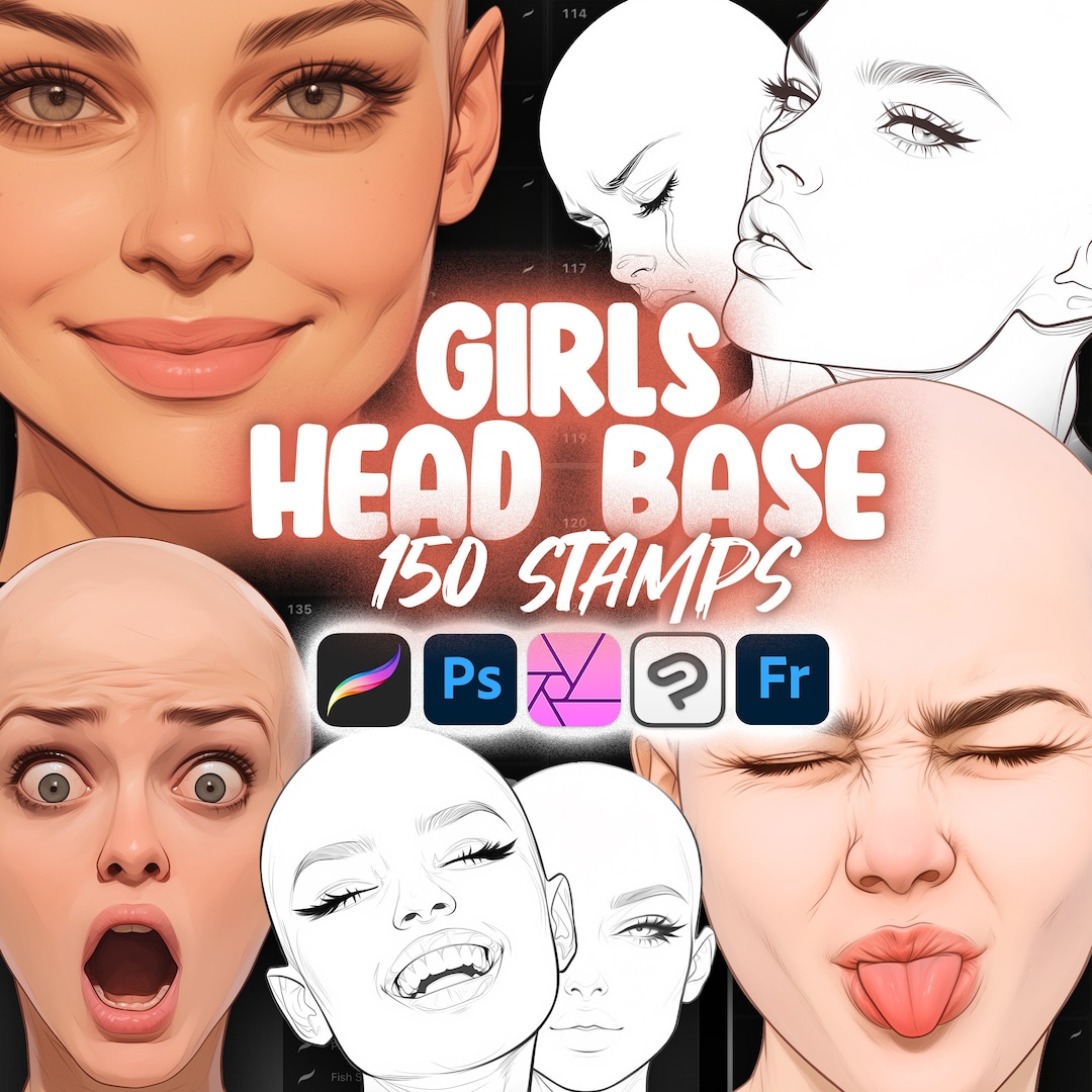 150 Procreate Girls Head Base Stamps | Photoshop Female Head Guide ...