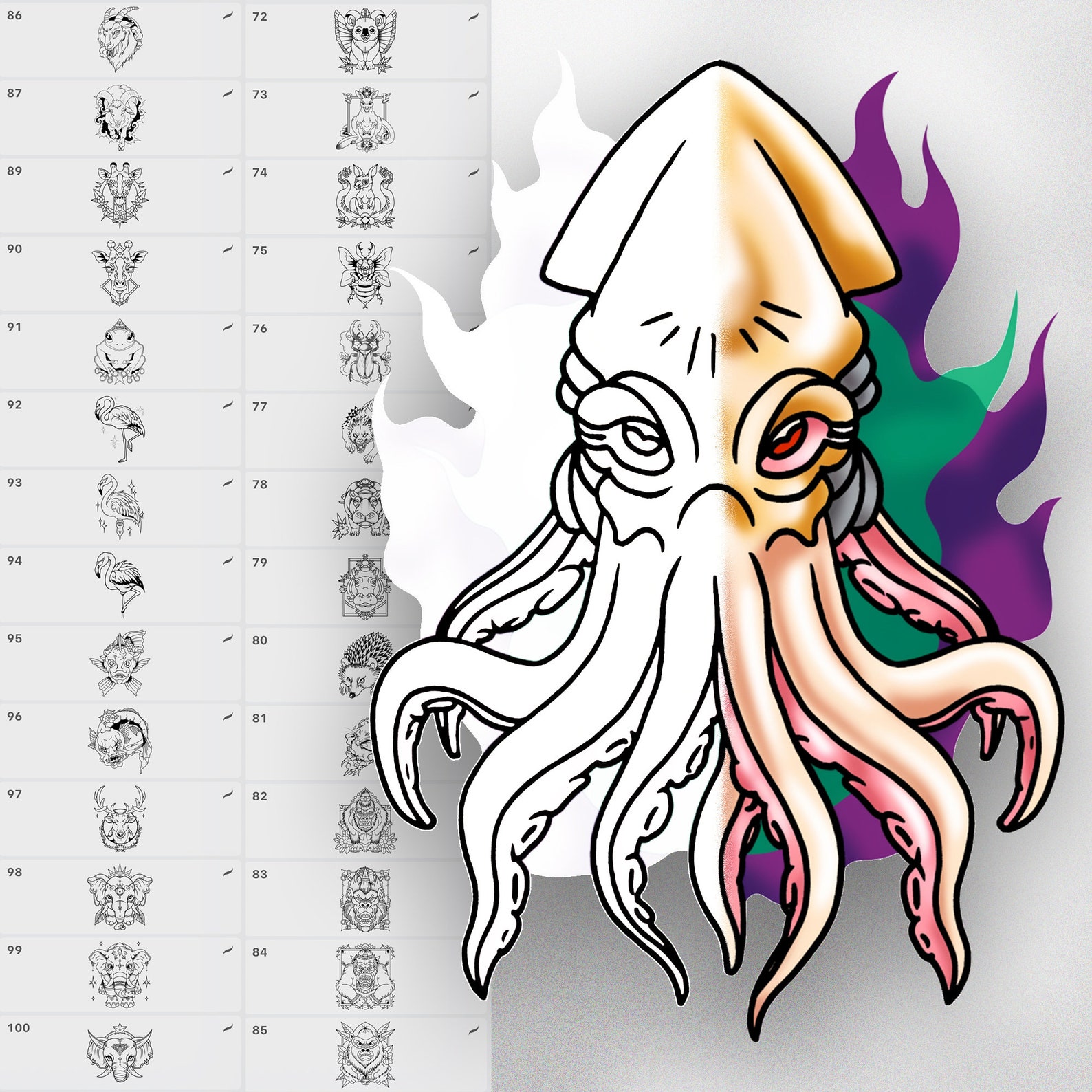 150 Procreate Neo Traditional Animals Tattoo Stamps | Photoshop Neo ...