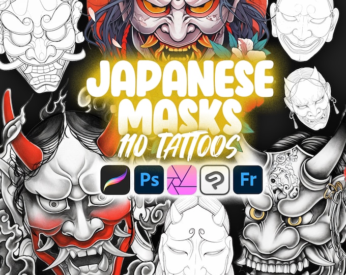110 Procreate Japanese Masks Tattoo Stamps | Photoshop Noh Masks | Clip ...