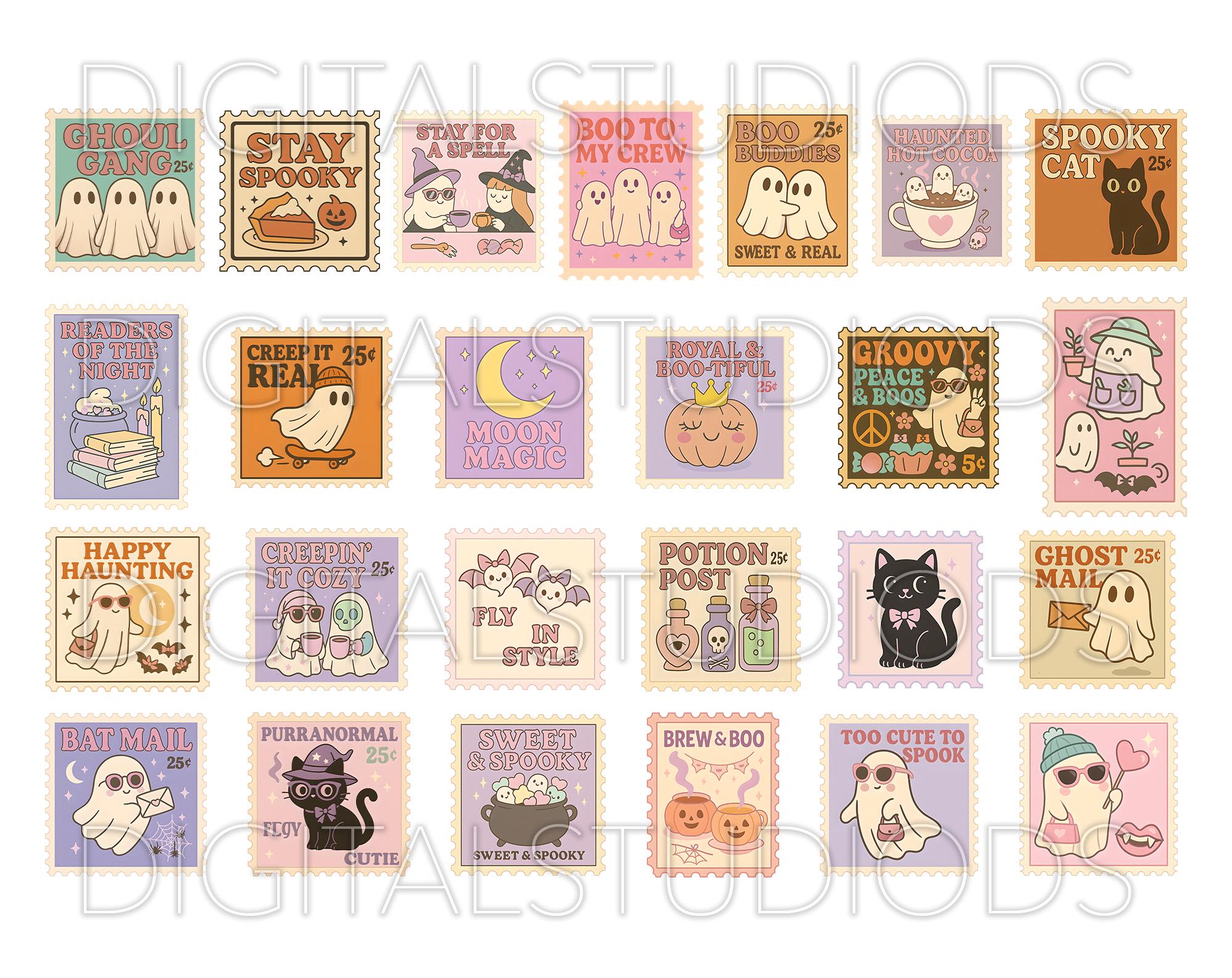 Cute Halloween Stamp Clipart Bundle, Pastel Retro Halloween PNG, Spooky ...