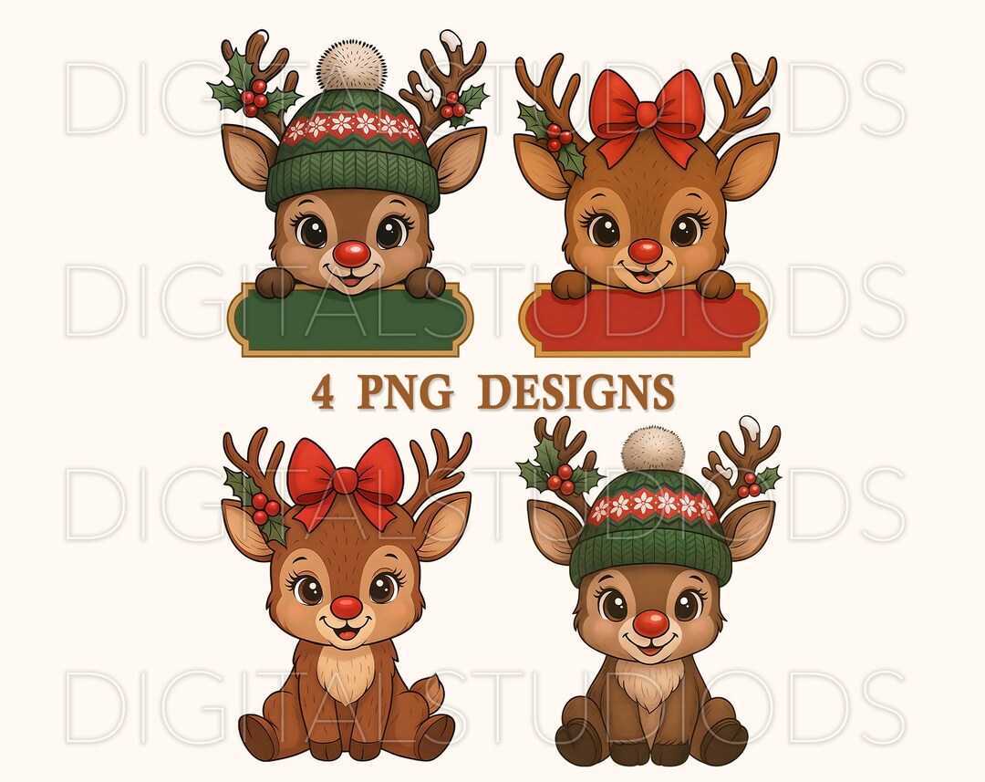 Cute Christmas Reindeer Clipart, Baby Reindeer PNG Bundle, Kids ...