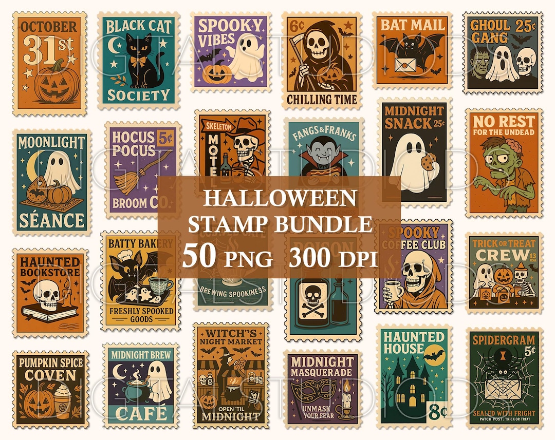 Halloween Postage Stamp Clipart Bundle, Retro Vintage Halloween Stamps ...