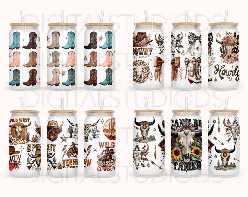 Western Libbey Glass Can Wrap PNG, 16oz Can Glass Sublimation Bundle ...