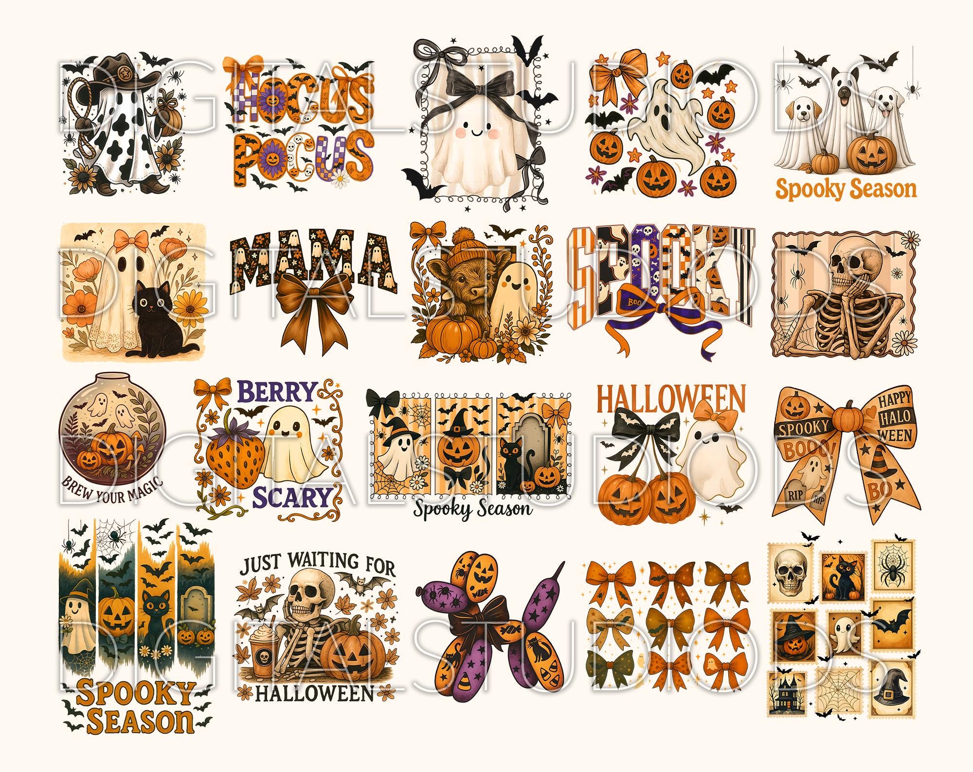 Retro Halloween PNG Bundle, Vintage Ghost Pumpkin Clipart for ...