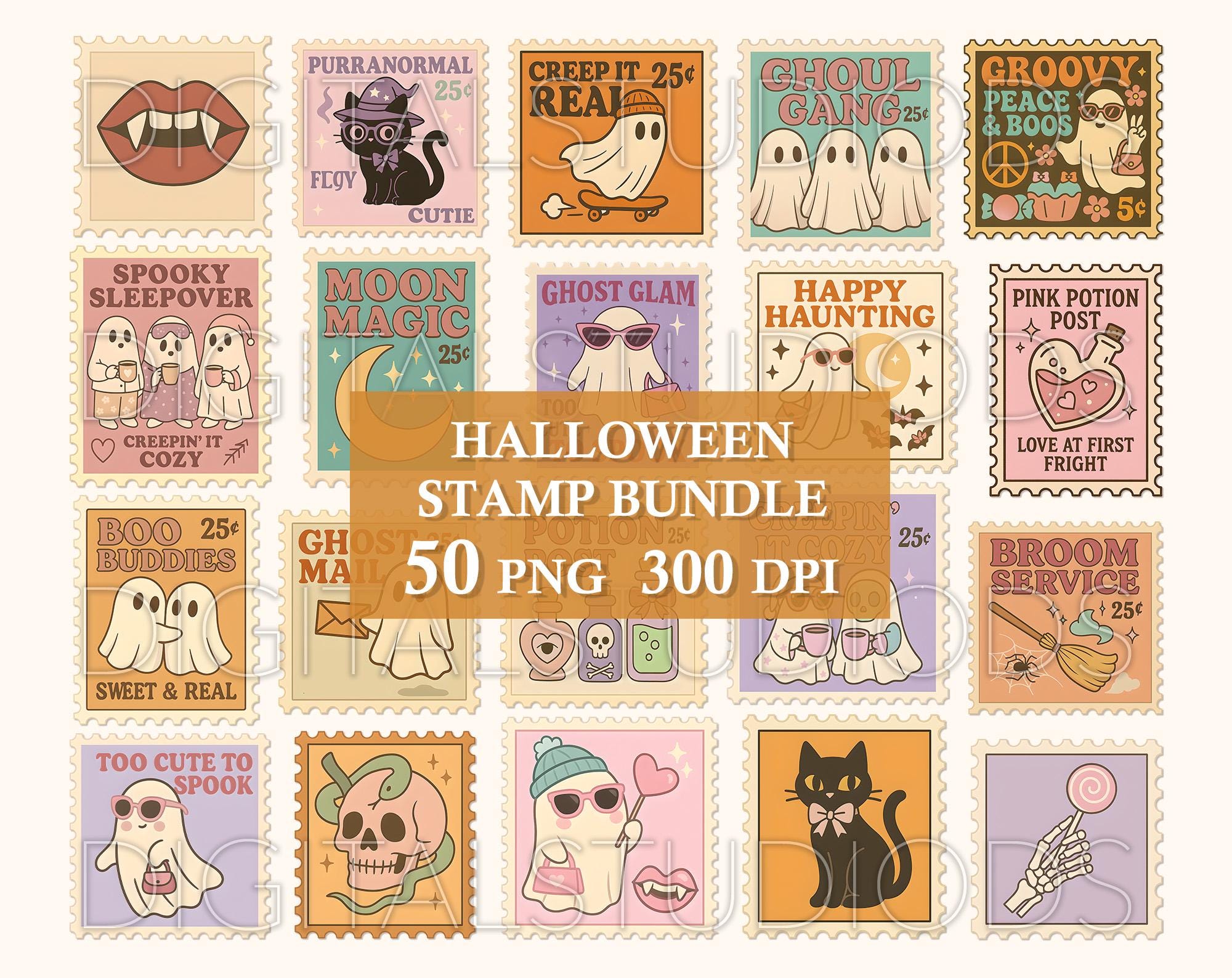Cute Halloween Stamp Clipart Bundle, Pastel Retro Halloween PNG, Spooky ...
