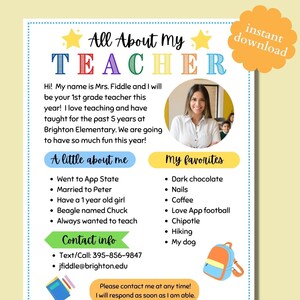 All About My Teacher Template Meet the Teacher Printable Get - Etsy UK