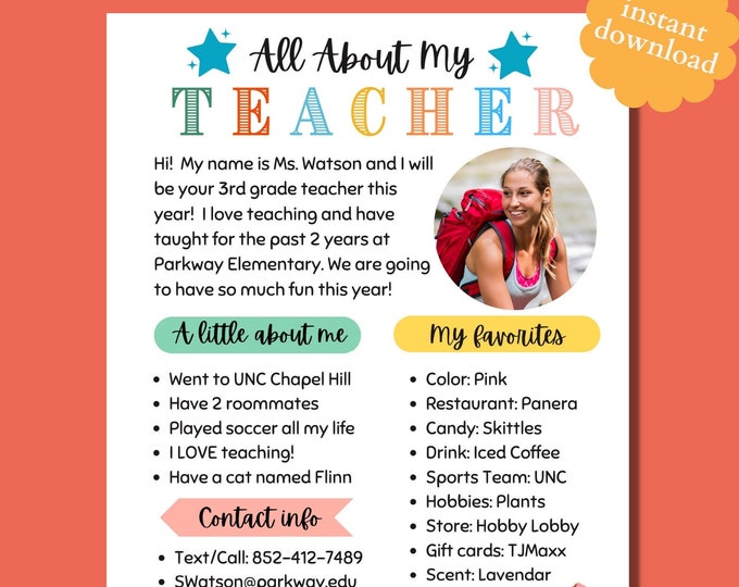 All About My Teacher, Teacher Appreciation Week Printable, Meet the ...