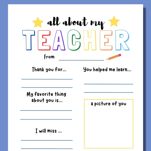 All About My Teacher Teacher Appreciation Week Gift Fill in - Etsy