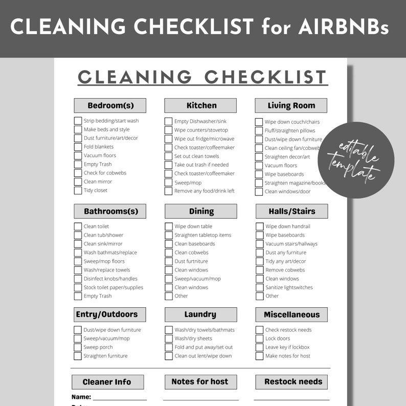 Airbnb Cleaning Checklist Template: Editable Housekeeper Routine ...