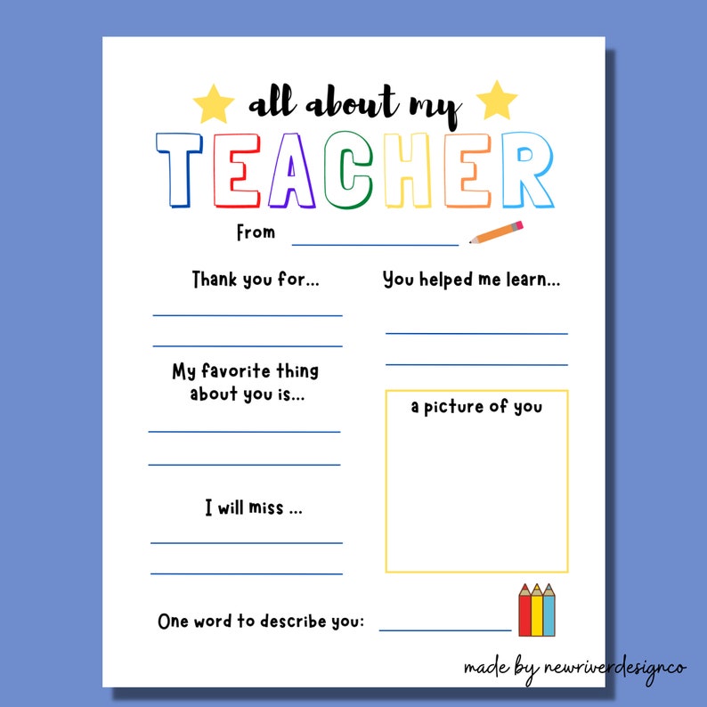 Teacher Thank You Printable All About My Teacher Teacher - Etsy