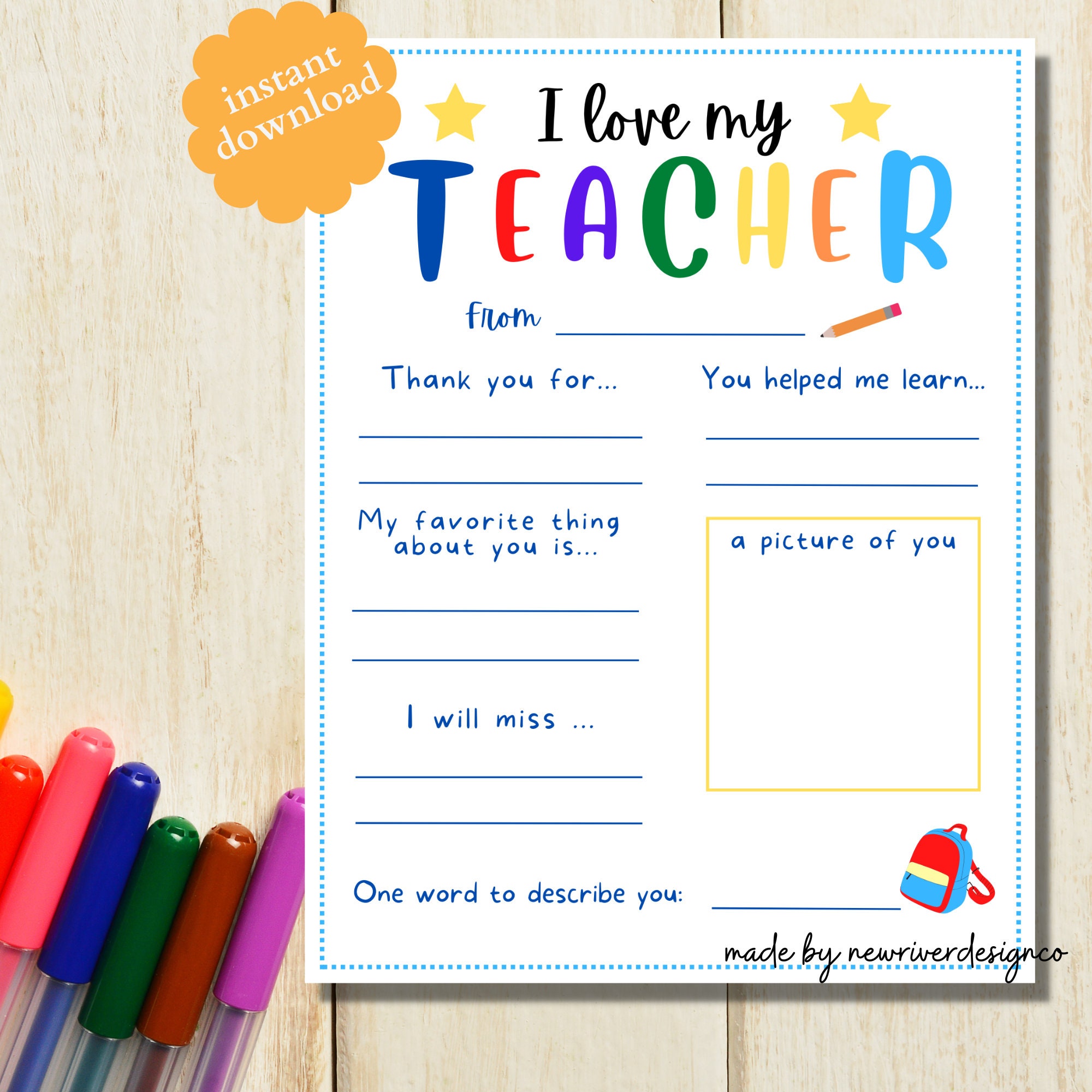 Teacher Thank You Printable I Love My Teacher Teacher - Etsy Australia