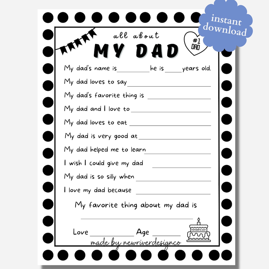 All About My Dad Printable, Father's Day Questionnaire, Father's Day ...