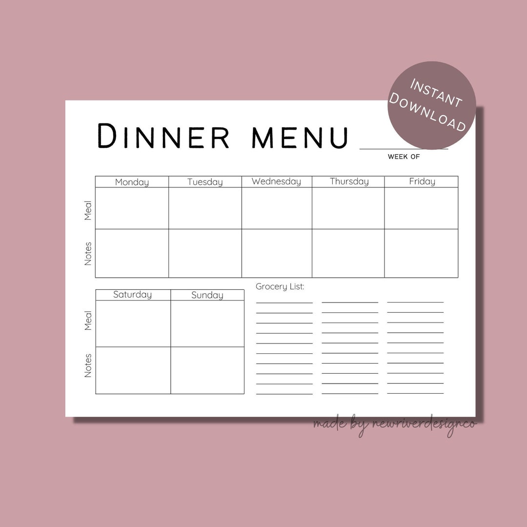 Weekly Menu Plan Template, Weekly Menu Printable, Dinner Plan PDF, Meal Plan With Grocery List ...