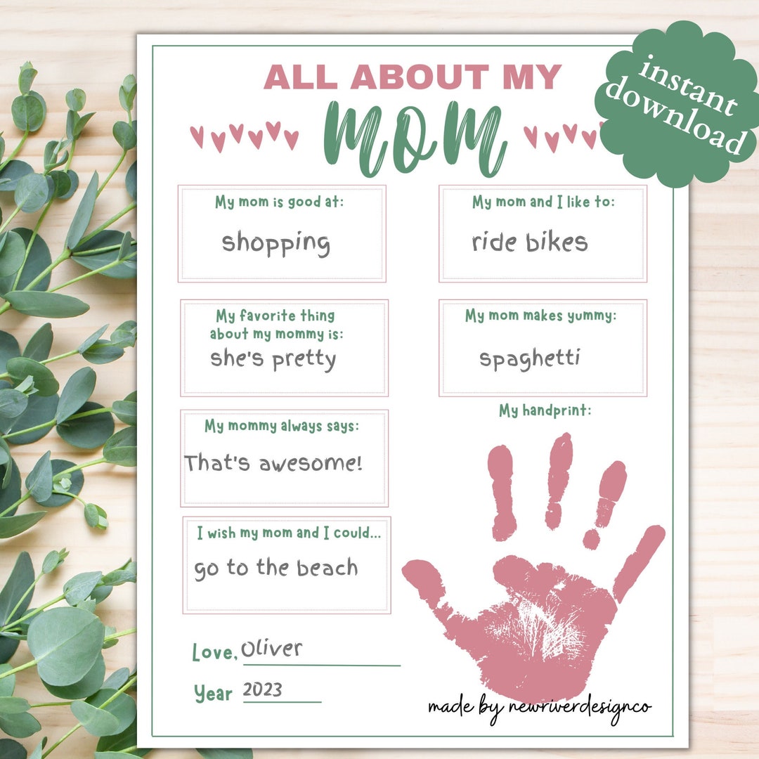 All About My Mom Printable for Mother's Day, Handprint Keepsake Gift ...
