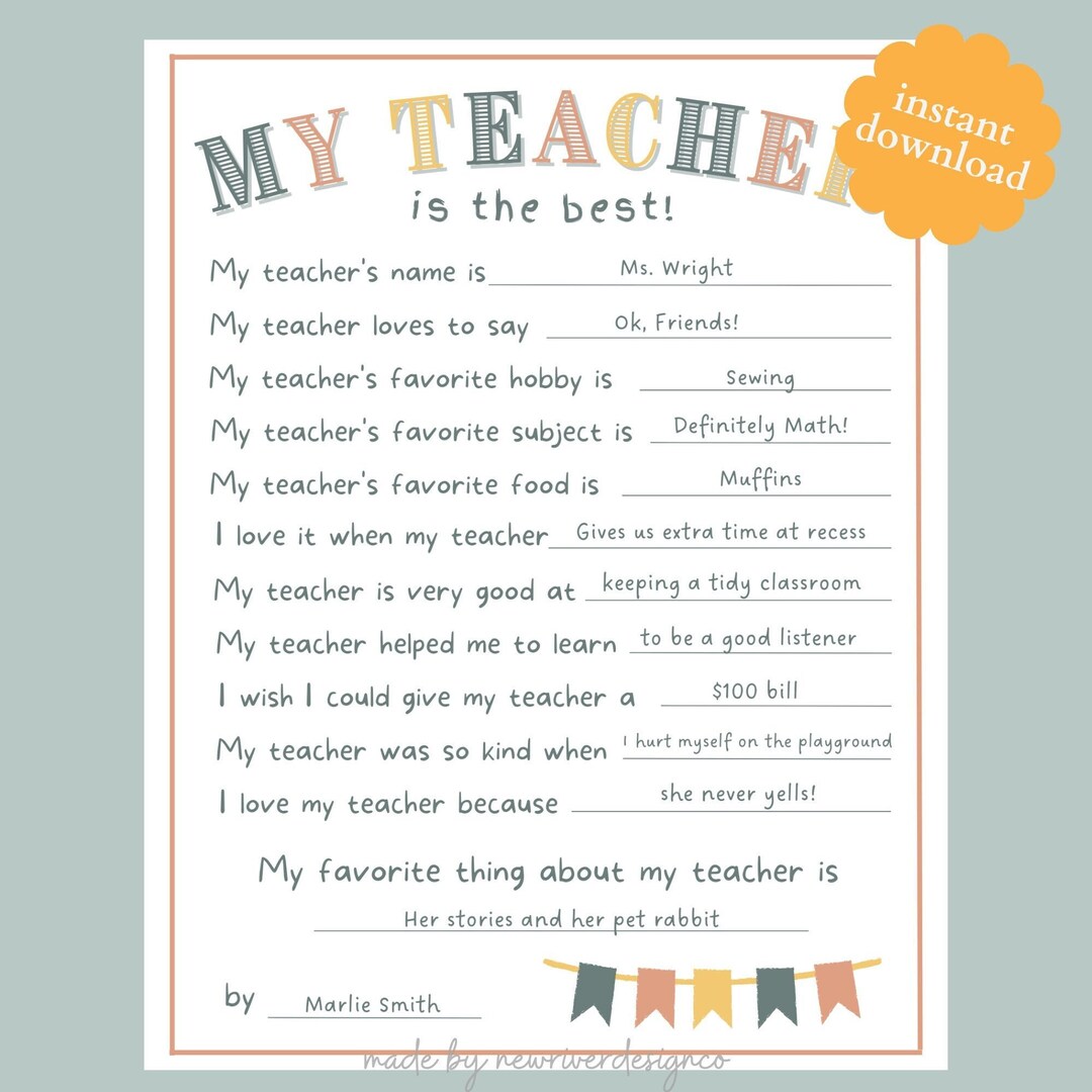 Personalized Teacher Appreciation Fillable Print (PDF) - Etsy