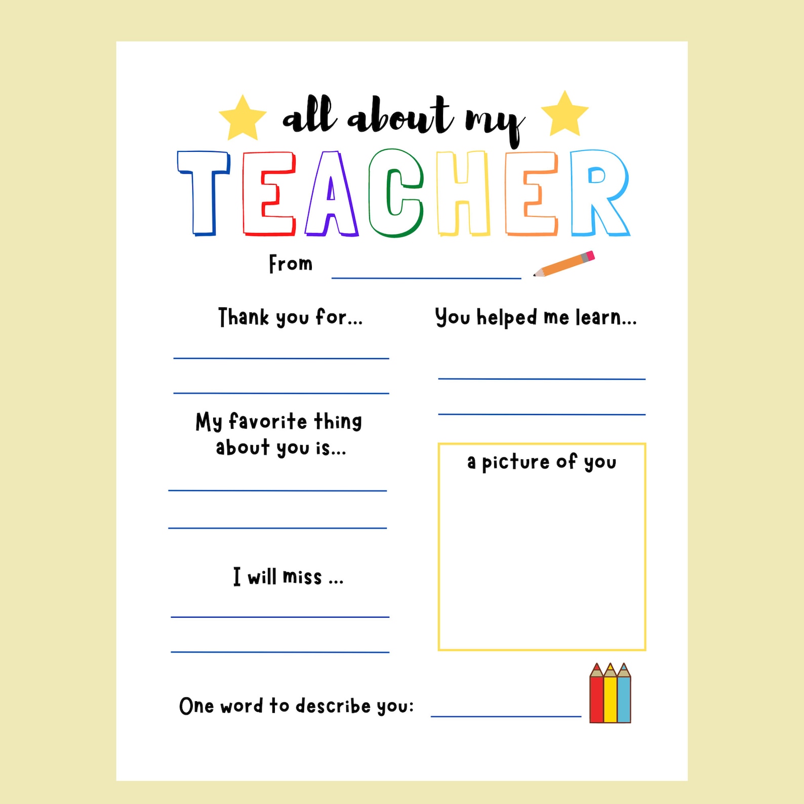 Teacher Thank You Printable: All About My Teacher Questionnaire (PDF ...