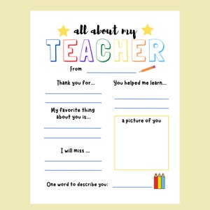 Teacher Thank You Printable: All About My Teacher Questionnaire (PDF ...