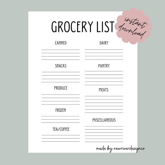 Grocery Store Checklist Printable Grocery Store List | Etsy