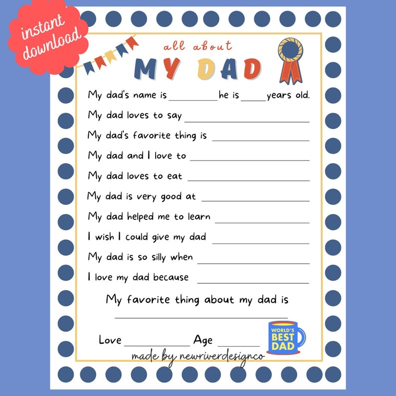 All About My Dad Printable Fathers Day Questionnaire Etsy