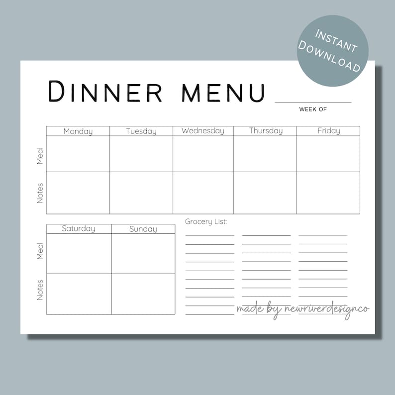 Weekly Menu Plan Template Weekly Menu Printable Dinner Plan - Etsy