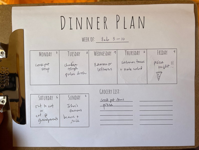 Dinner Plan Printable Meal Plan Template Weekly Meal - Etsy