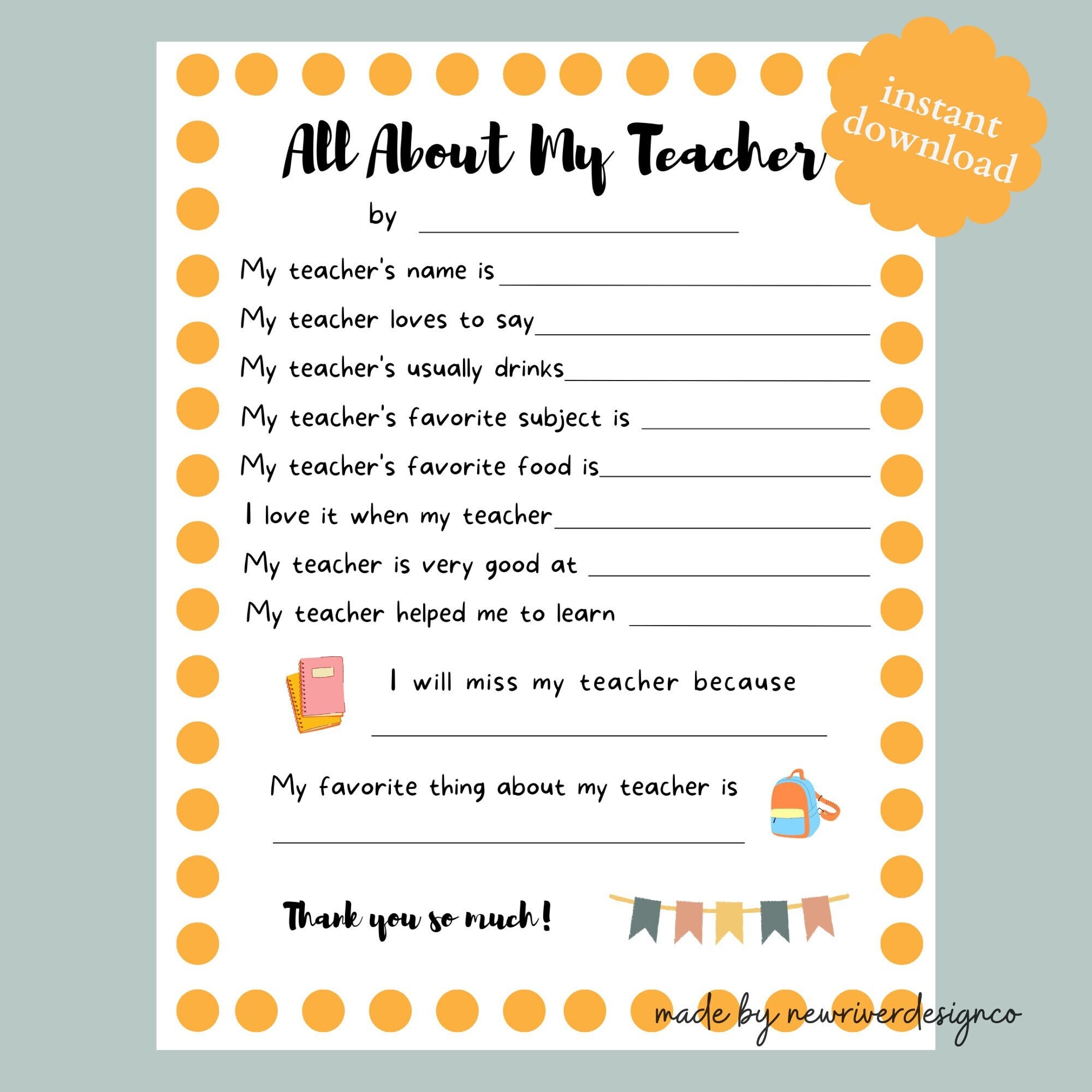 All About My Teacher Printable Teacher Thank You Printable - Etsy