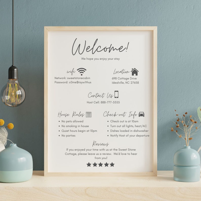 Airbnb Welcome Sign: House Rules, Wifi, Editable Template (digital ...