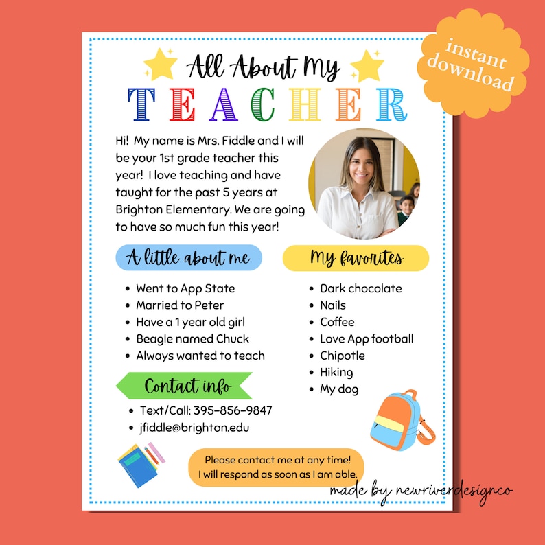 All About My Teacher Template Meet the Teacher Printable Get - Etsy