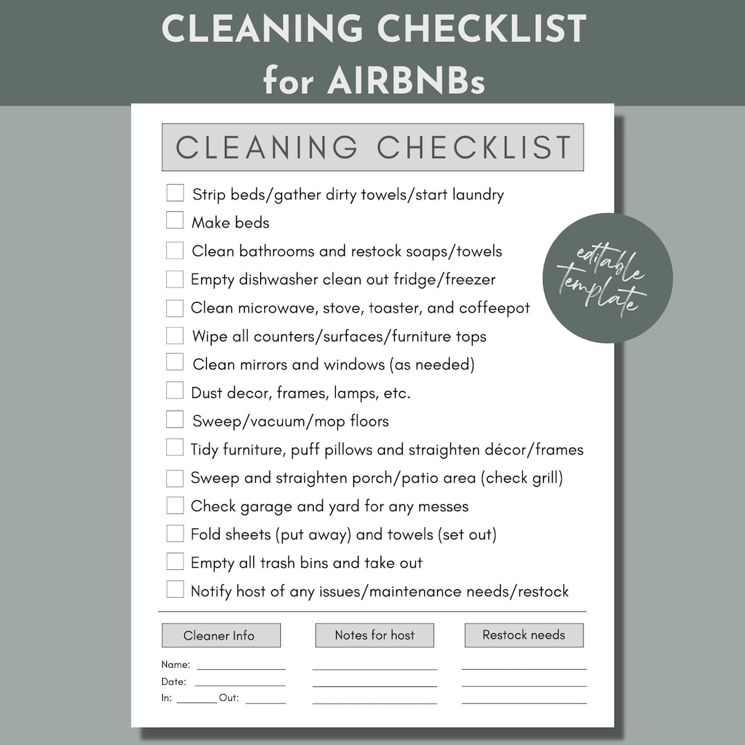 Airbnb Cleaning Checklist: Editable Vacation Rental Template (PDF) - Etsy