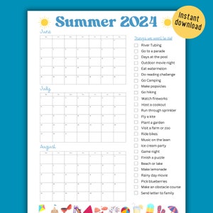 Summer Bucket List Calendar Editable Template Summer Fun Calendar for ...