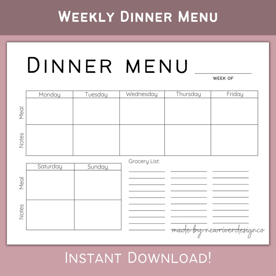 Weekly Menu Plan Template Weekly Menu Printable Dinner Plan - Etsy
