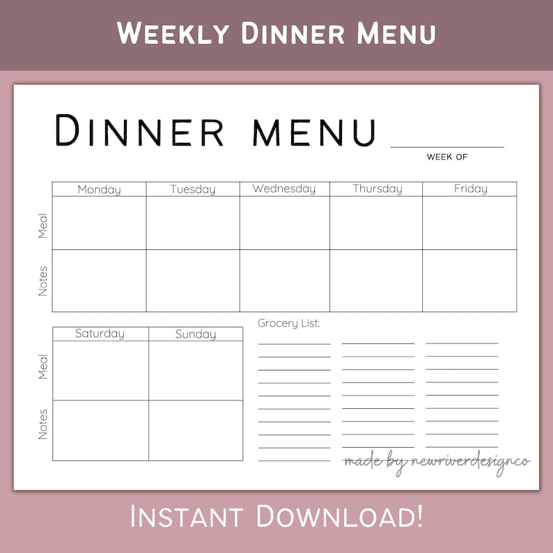 Weekly Menu Plan Template Weekly Menu Printable Dinner Plan - Etsy