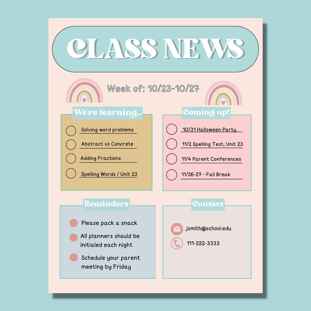 Classroom Newsletter Template Back to School Editable - Etsy