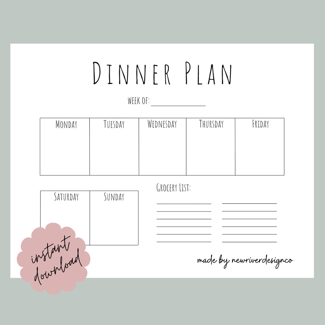 Dinner Plan Printable Meal Plan Template Weekly Meal | Etsy