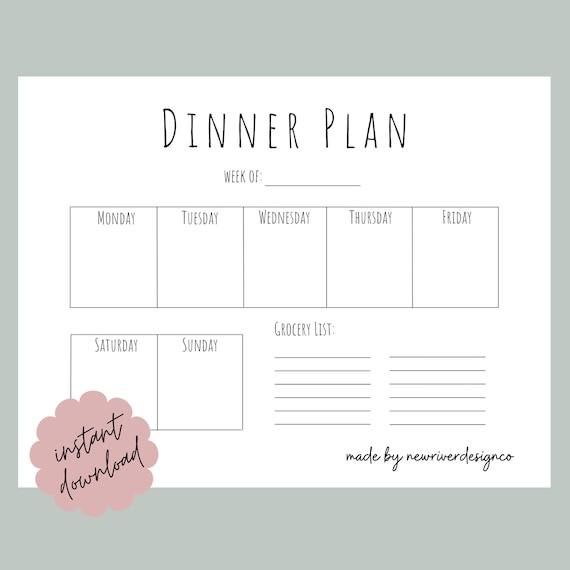 Dinner Plan Printable Meal Plan Template Weekly Meal | Etsy